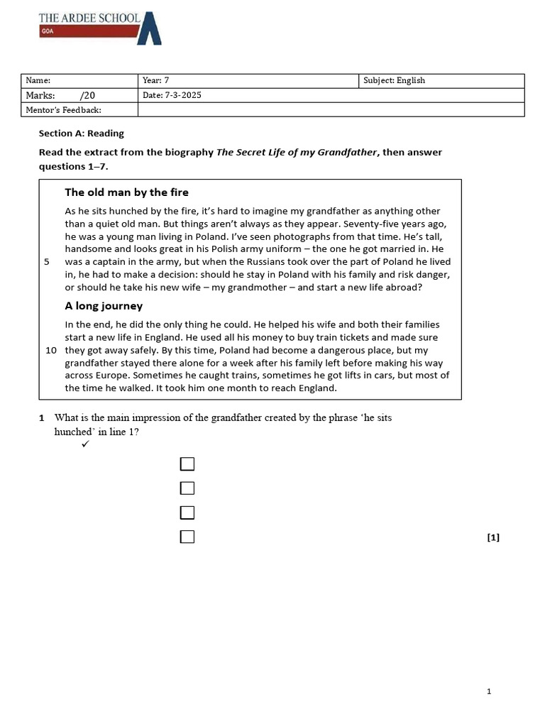 English_Practice_Test_Year_7__7.3.25 | PDF