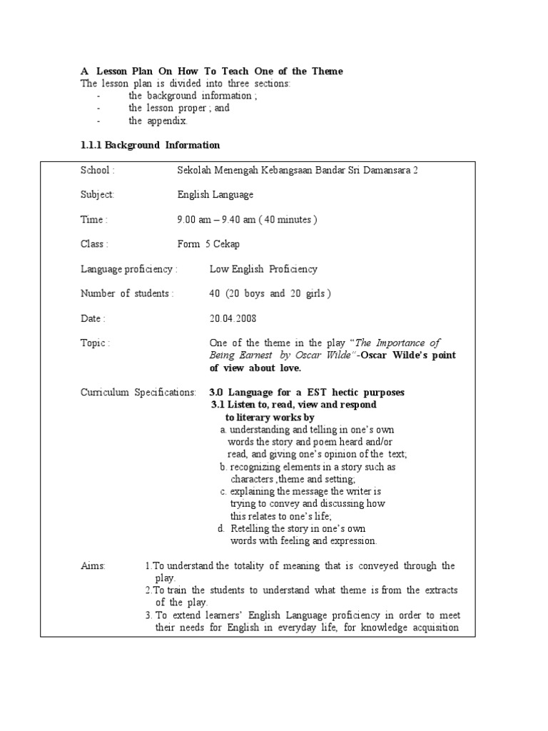 A Lesson Plan On How To Teach One of The Theme | PDF | Oscar Wilde ...