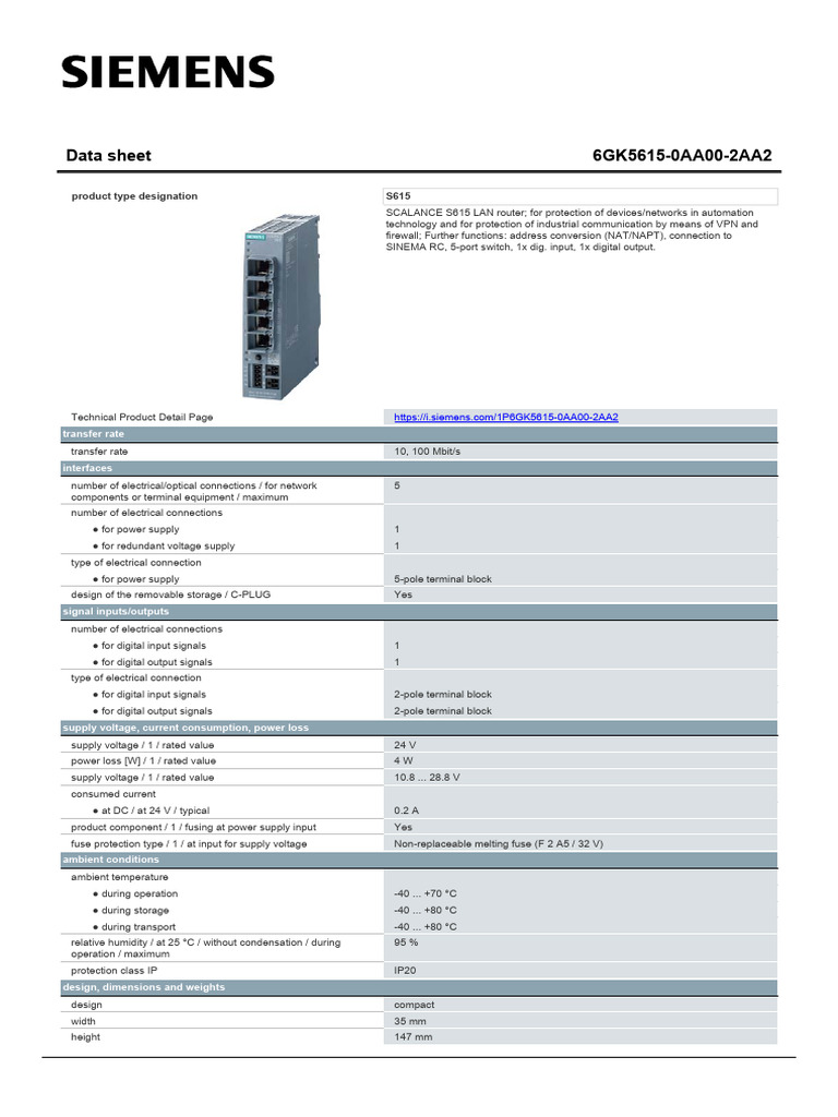 SCALANCE S615 LAN Router Data Sheet | PDF | Power Supply | Network ...