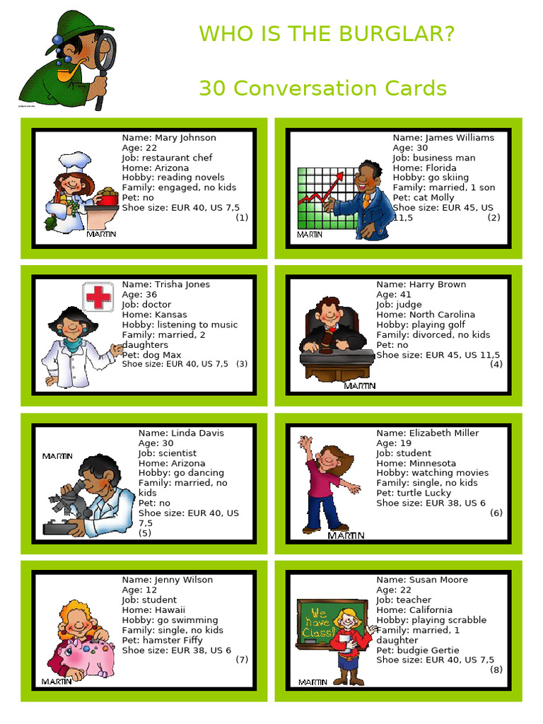 Who Is The Burglar 30 Conversation Cards Roleplay Flashcards Fun ...