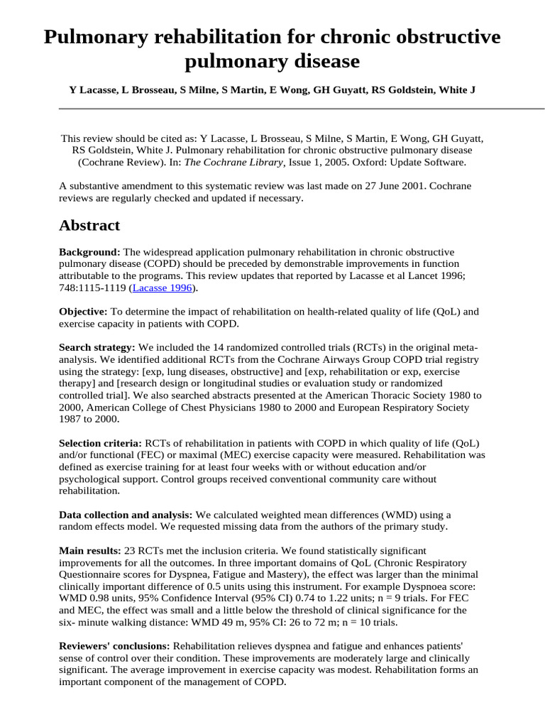 COPD Pulmonary Rehabilitation Review | PDF | Physical Therapy | Chronic ...