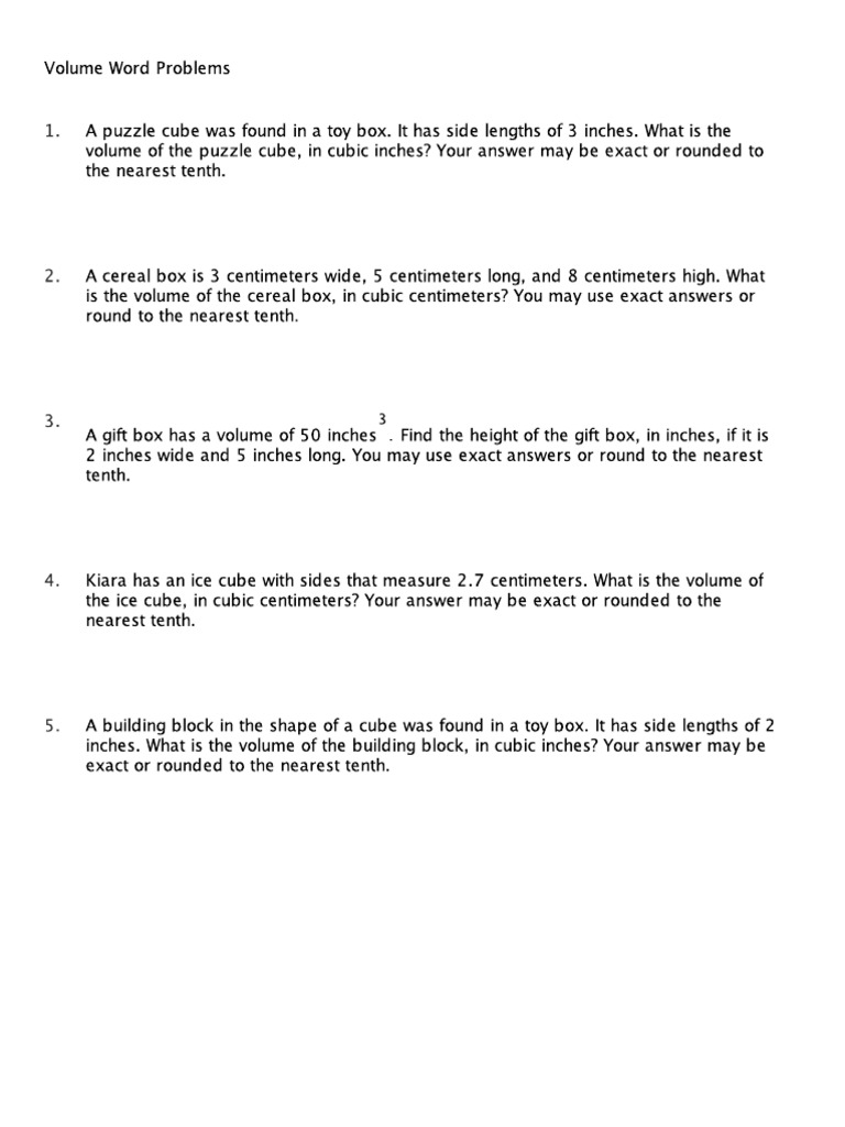 Volume Word Problems Worksheet Student | PDF
