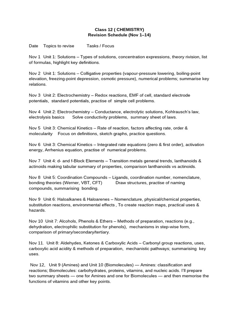 Revision Plan - Class 12 DOC-20251024-WA0011 | PDF | Chemical Reactions | Electrochemistry