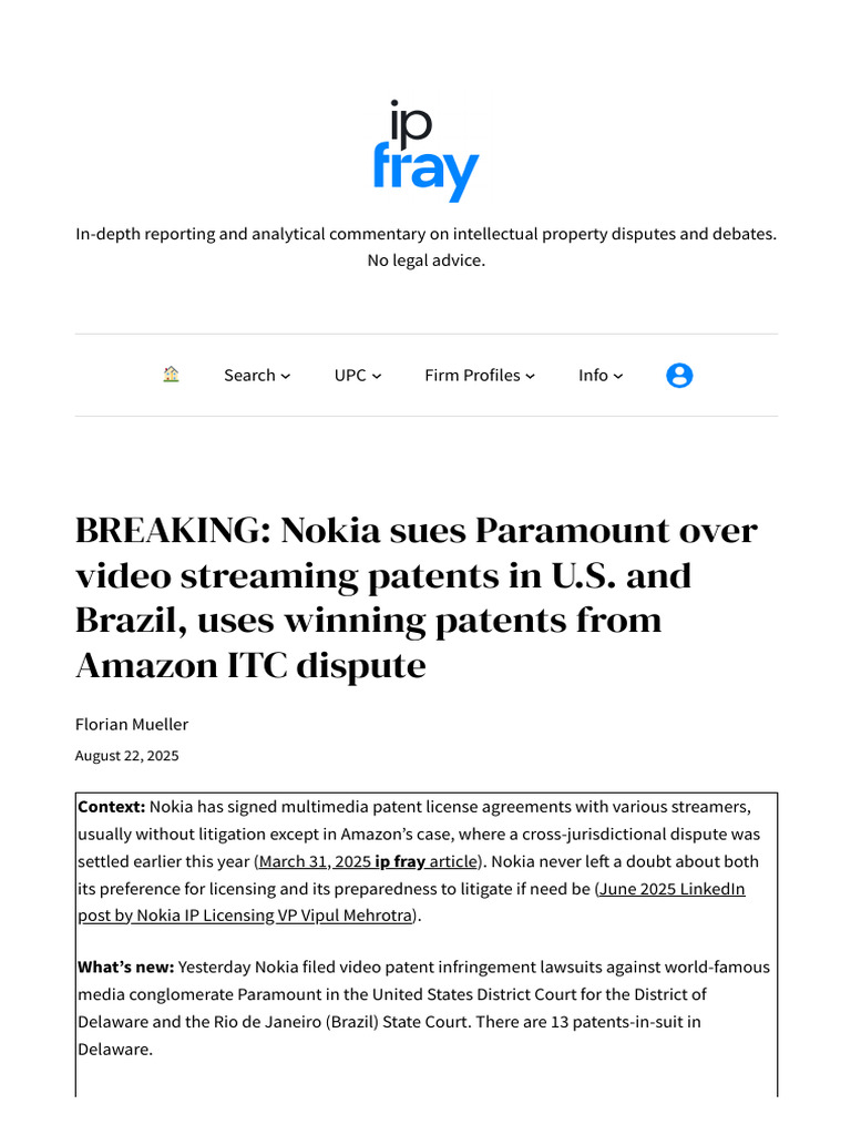 IP Fray - Aug22 25 - Nokia Sues Paramount Over Video Streaming Patents ...