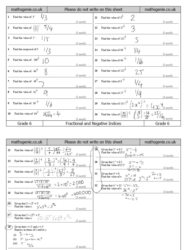 6 Fractional and Negative Indices Ws | PDF | Arithmetic