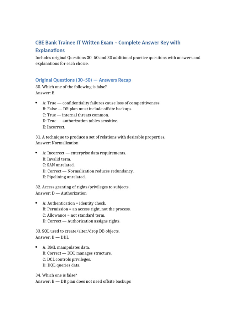 CBE Bank Trainee Exam Answer Key With 30 Extras | PDF | Computer ...