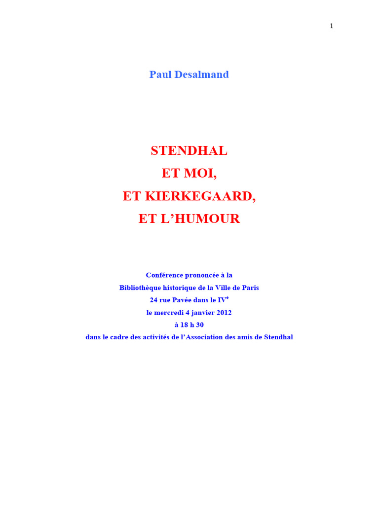 Stendhal, Kierkegaard et l'Humour | PDF | Søren Kierkegaard | Dieu