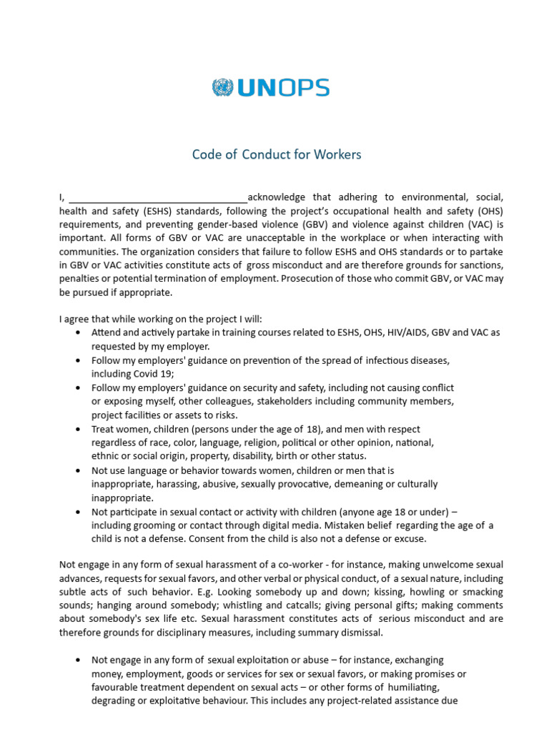 Annex 3-Code of Conduct (CoC) | PDF | Harassment | Occupational Safety ...