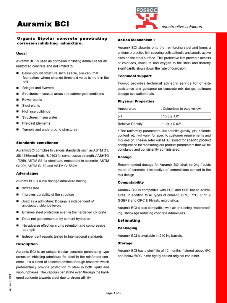 TDS Auramix BCI Data Sheet | PDF | Concrete | Corrosion