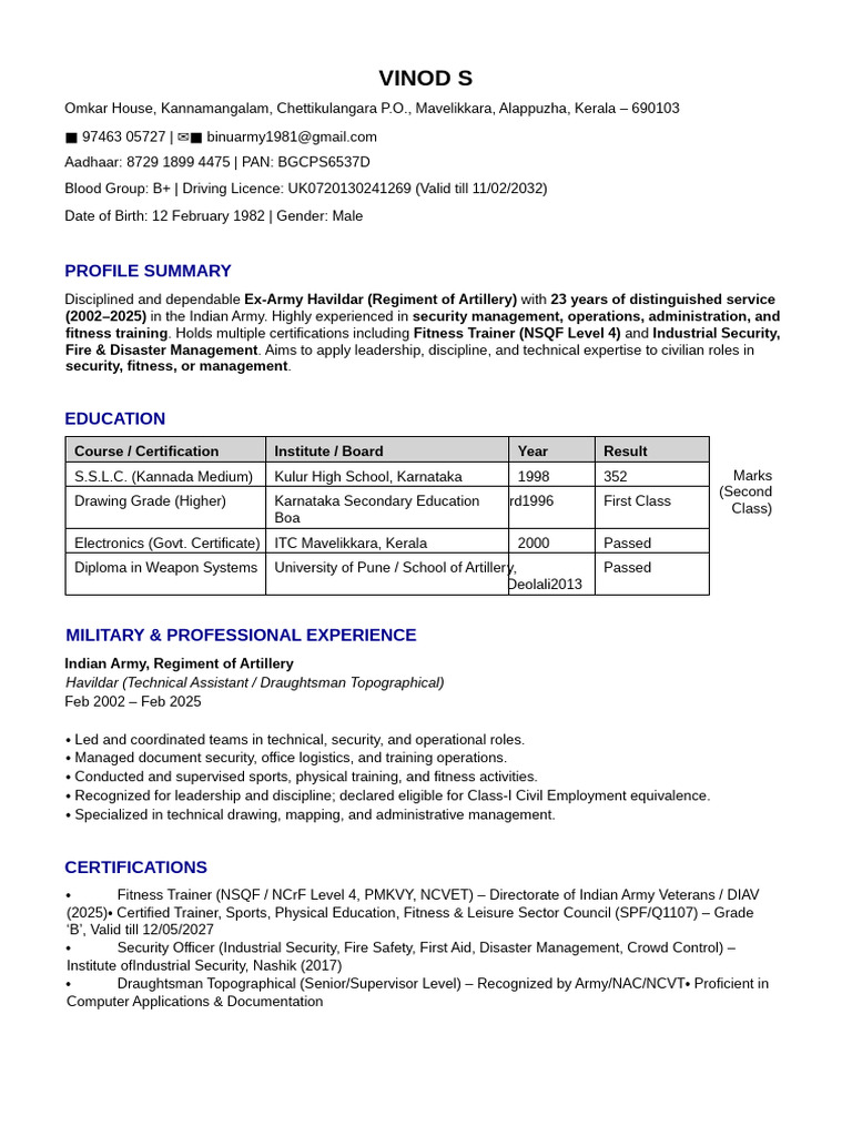 Vinod S ExServiceman CV | PDF