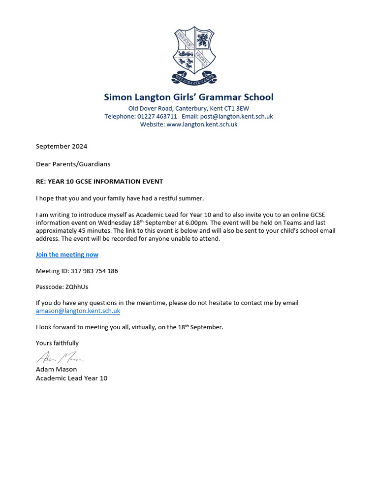 Welcome To GCSE Info Letter Yr 10 Sept 24 | PDF