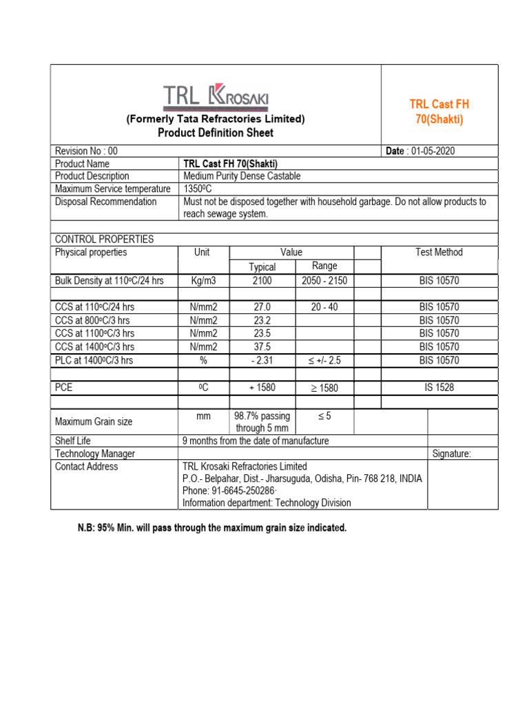 TRL Cast FH 70 (Shakti) Product Sheet | PDF