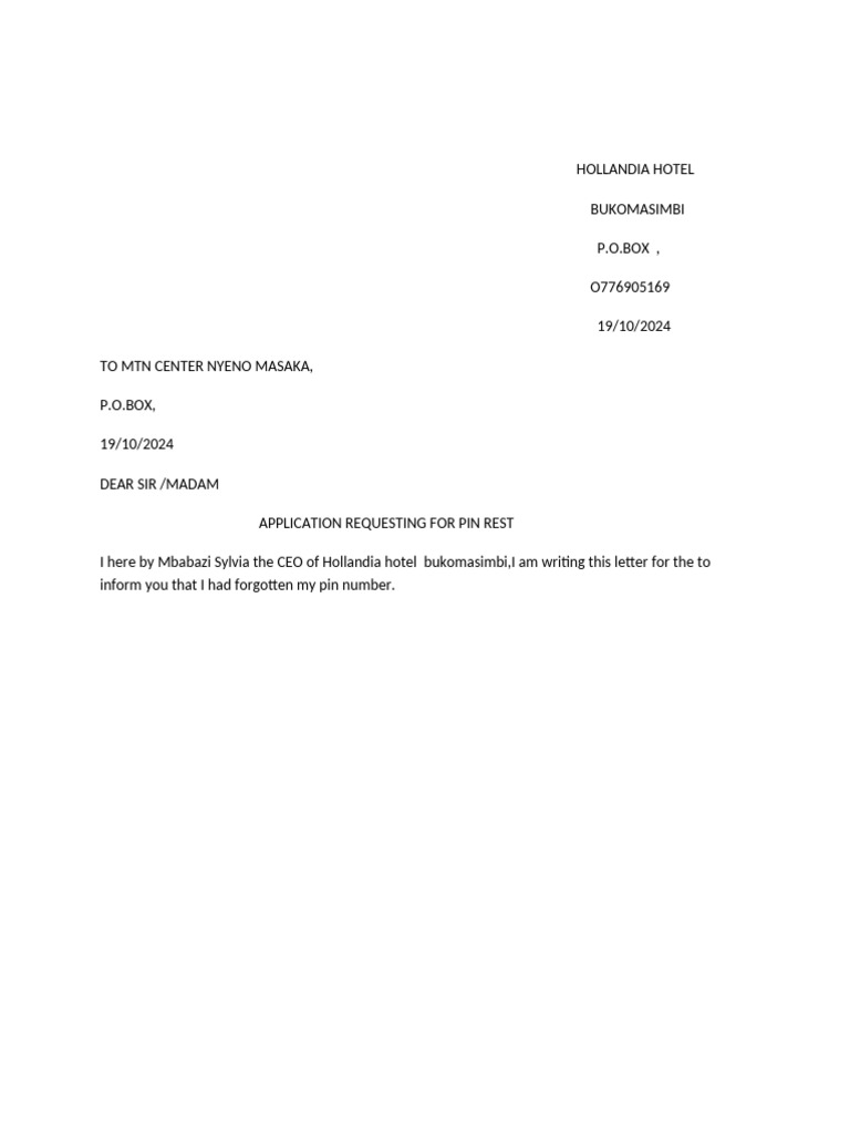 Hollandia Hotel PIN Reset Request | PDF