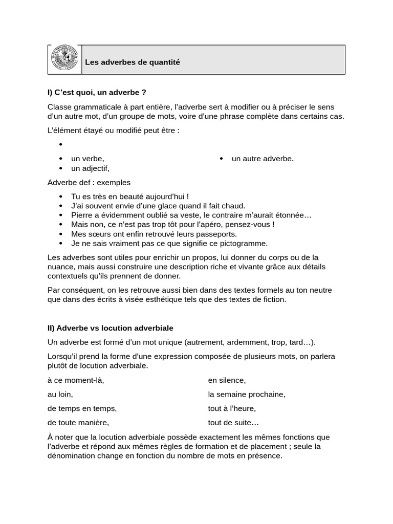 Adverbes de quantité en français | PDF | Adverbe | Sémantique