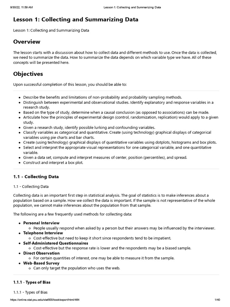 Data Collection and Summarization Techniques | PDF | Mean | Variance