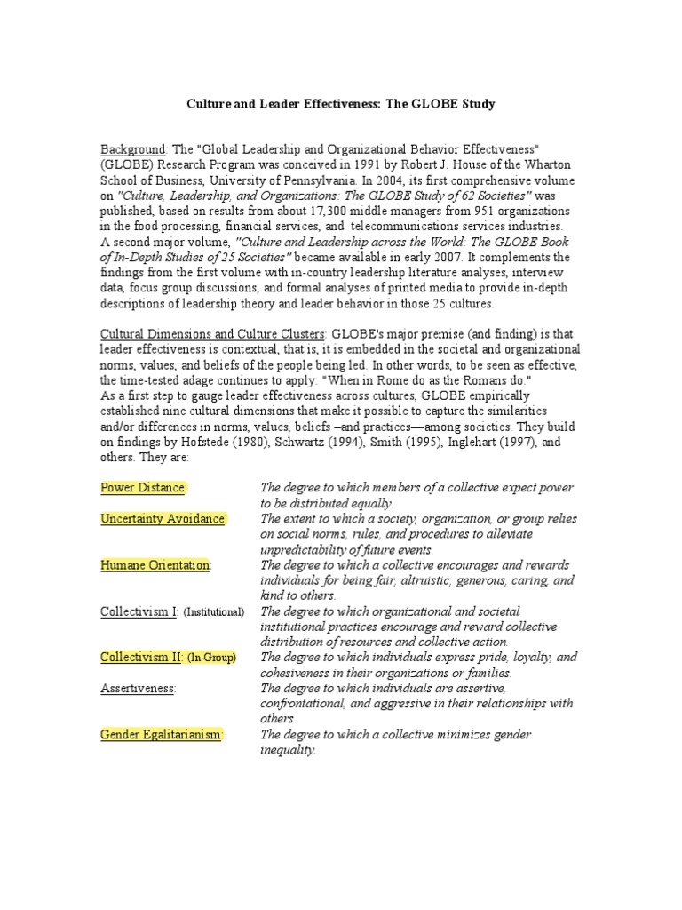 Globe Summary by Michael H Hoppe | PDF | Leadership | Behavioural Sciences
