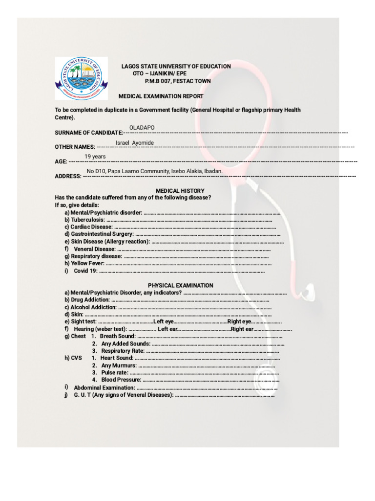 Medical Form - Lagos State University of Education | PDF | Medical ...