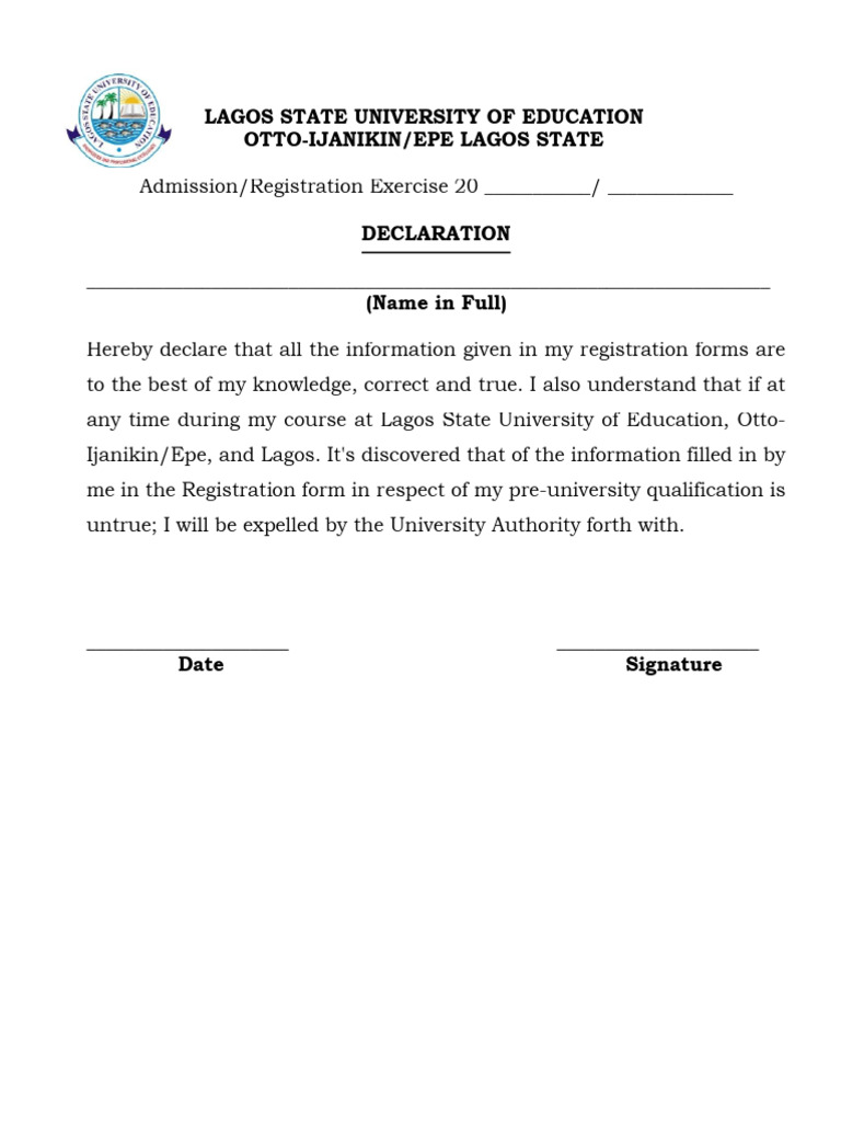 Declaration Form - Lagos State University of Education | PDF