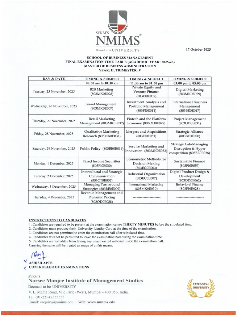 Final Exam Time Table Ftmba Yr II Trim V Ay 2025-26 Lcjmgzhywa | PDF