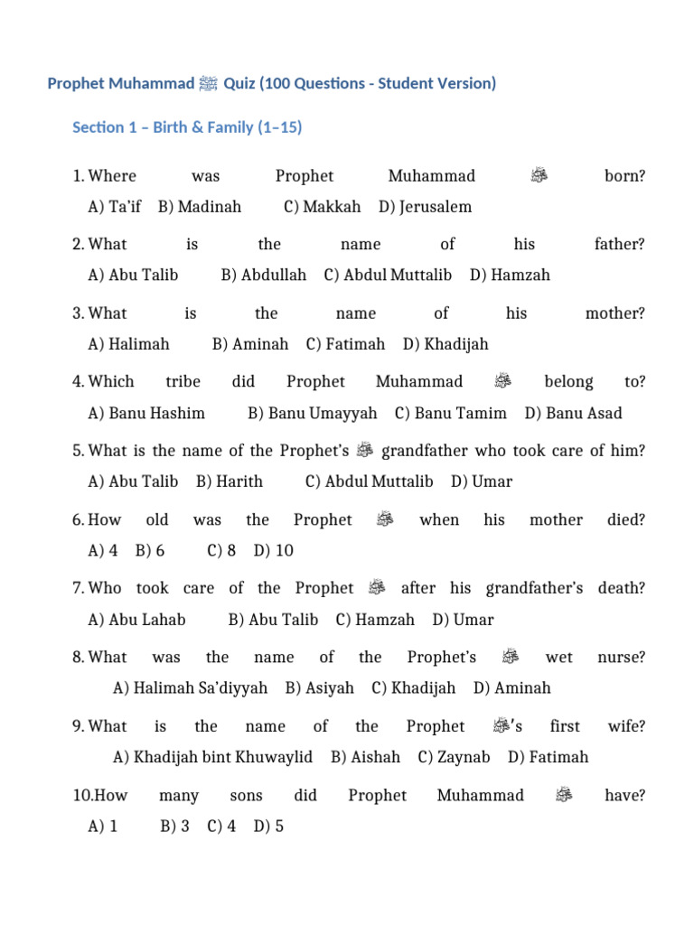 Prophet Muhammad Quiz Student Version | PDF | Muhammad | Medina