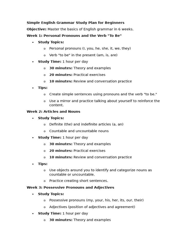 6-Week Beginner English Grammar Plan | PDF | English Grammar | Pronoun