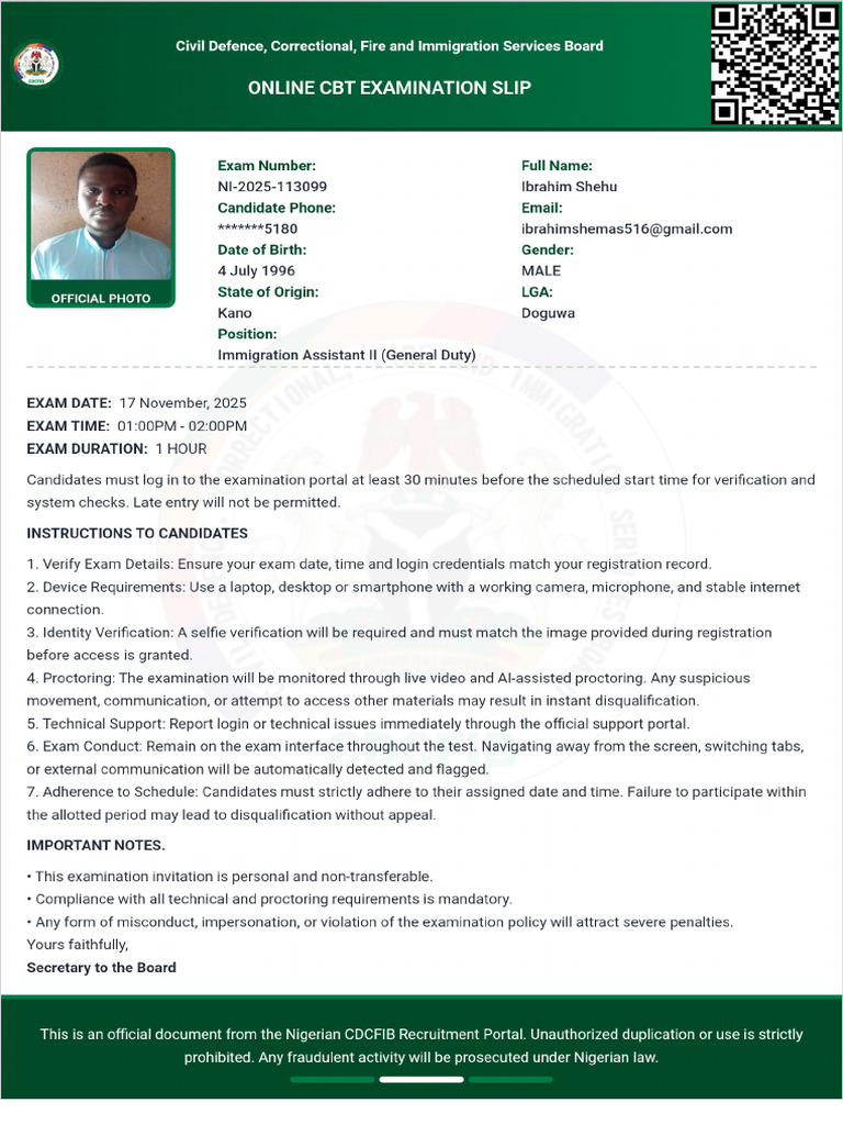 Ibrahim Abdullahi Shehu Application Slip | PDF