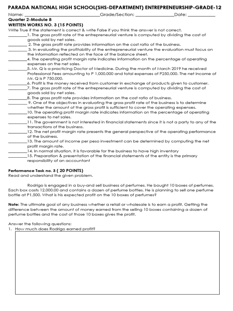 Entrep Q2 M8 M9 Activities | PDF | Gross Income | Private Sector