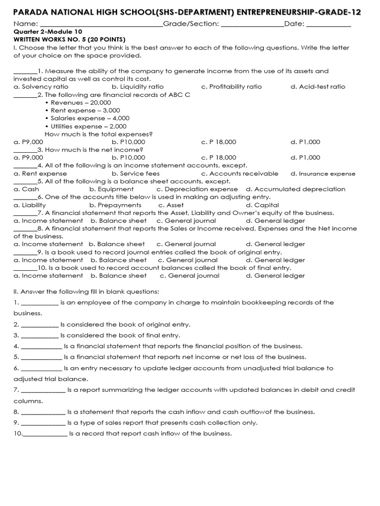 Entrep q2 m10 Activitiess | PDF | Expense | Debits And Credits