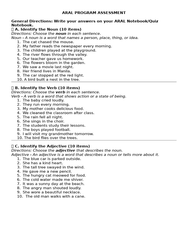 Aral Program Assessment | PDF | Adjective | Verb