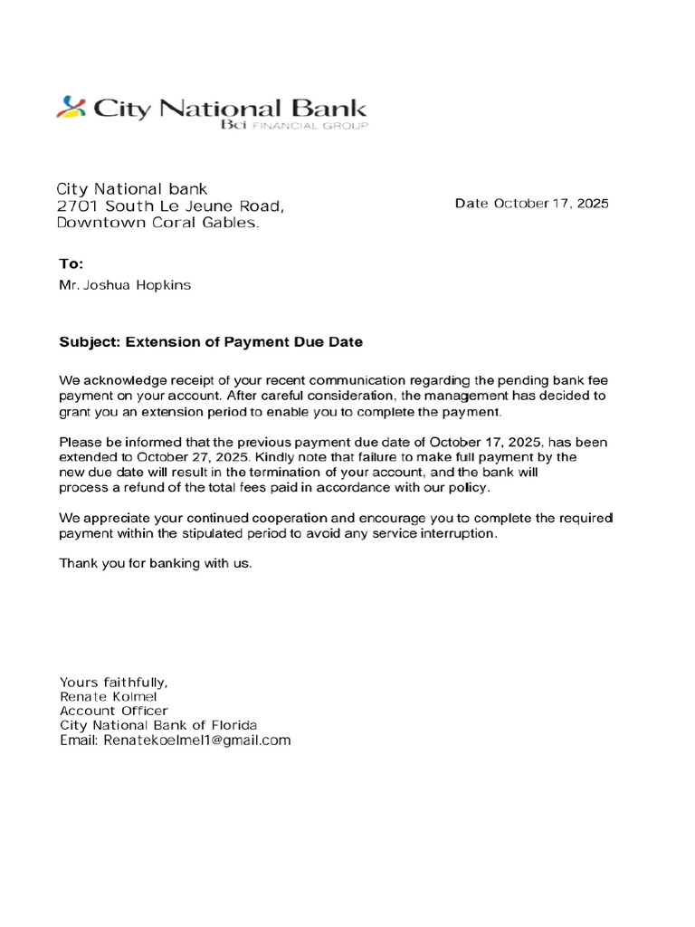 City National Bank Extension Letter | PDF
