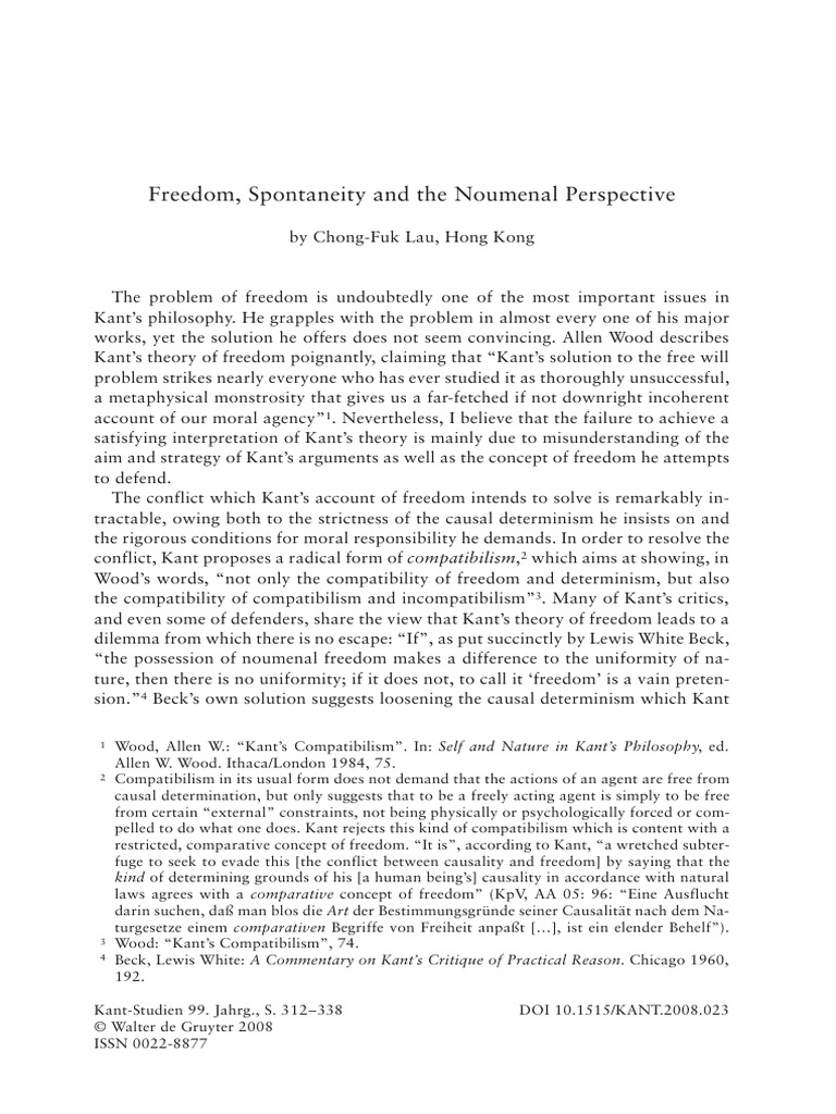 Chong-Fuk Lau, 2008, Freedom, Spontaneity and The Noumenal Perspective ...