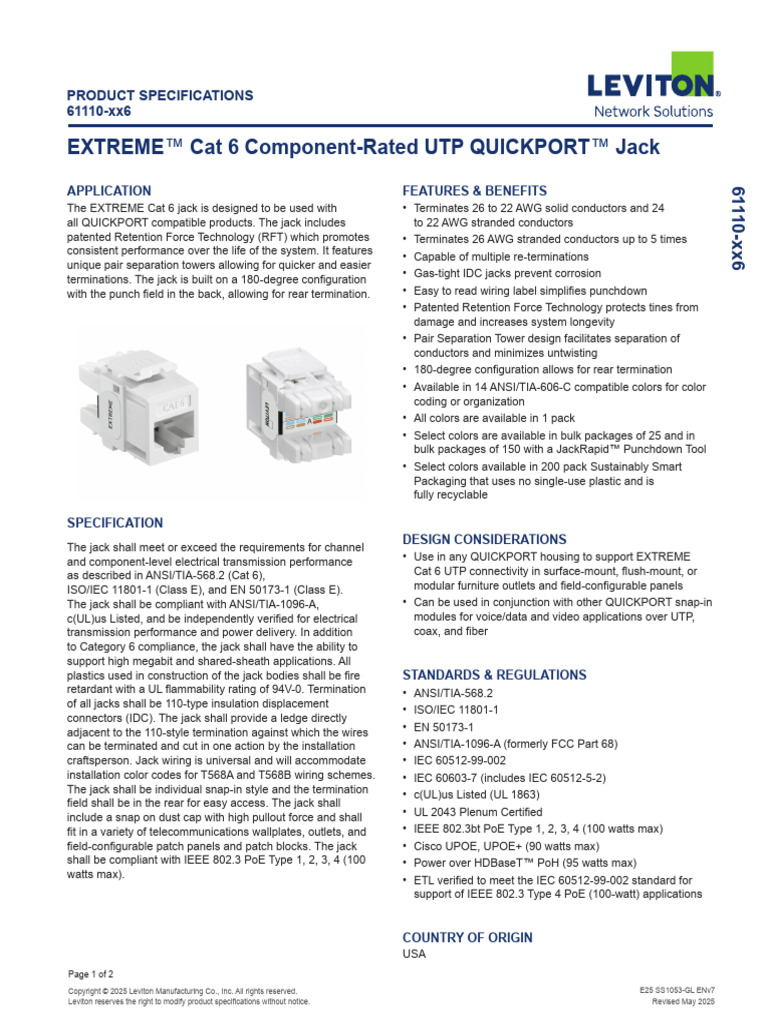 Leviton Spec 61110 EXTREME Cat 6 UTP Jacks | PDF | Electrical Equipment ...