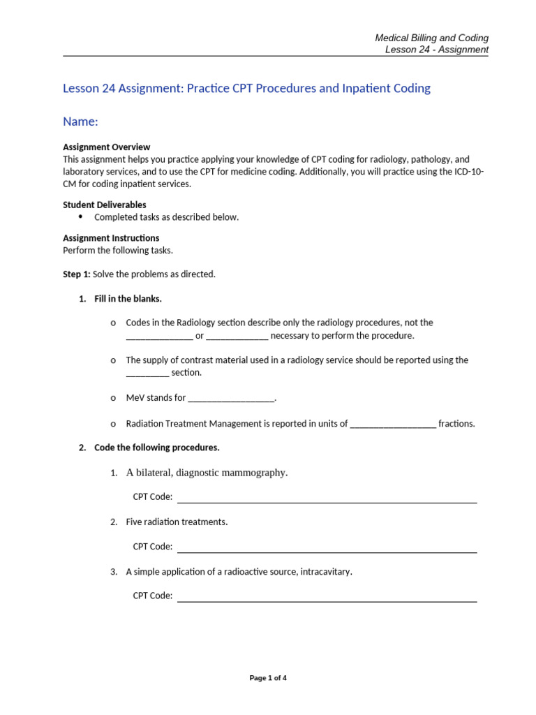 CPT and ICD-10 Coding Practice Assignment | PDF | Patient | Radiology