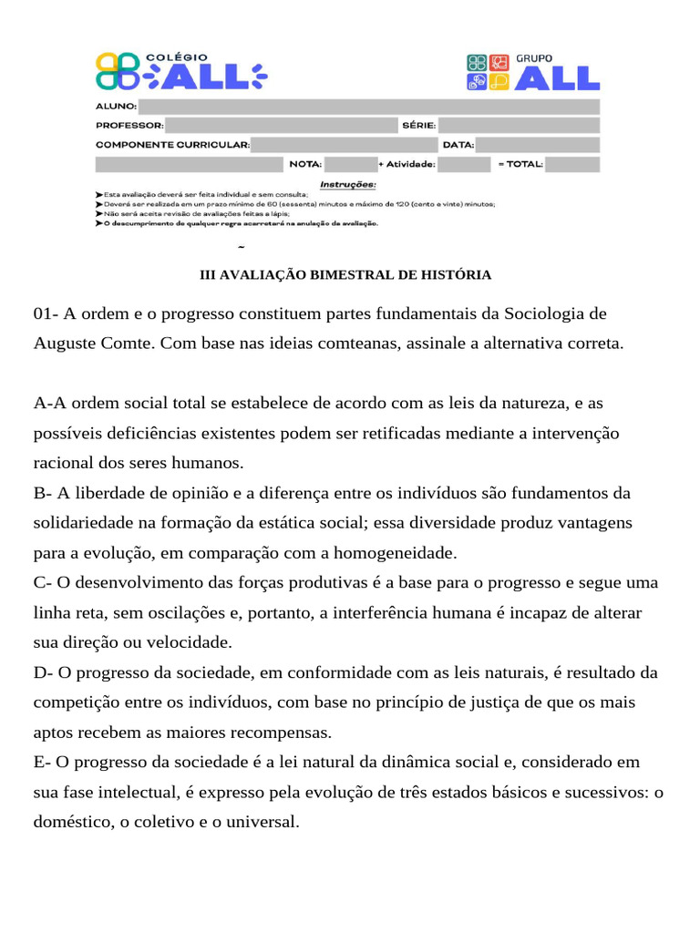 Avaliação de História: Positivismo e Comte | PDF | Positivismo | Lei ...