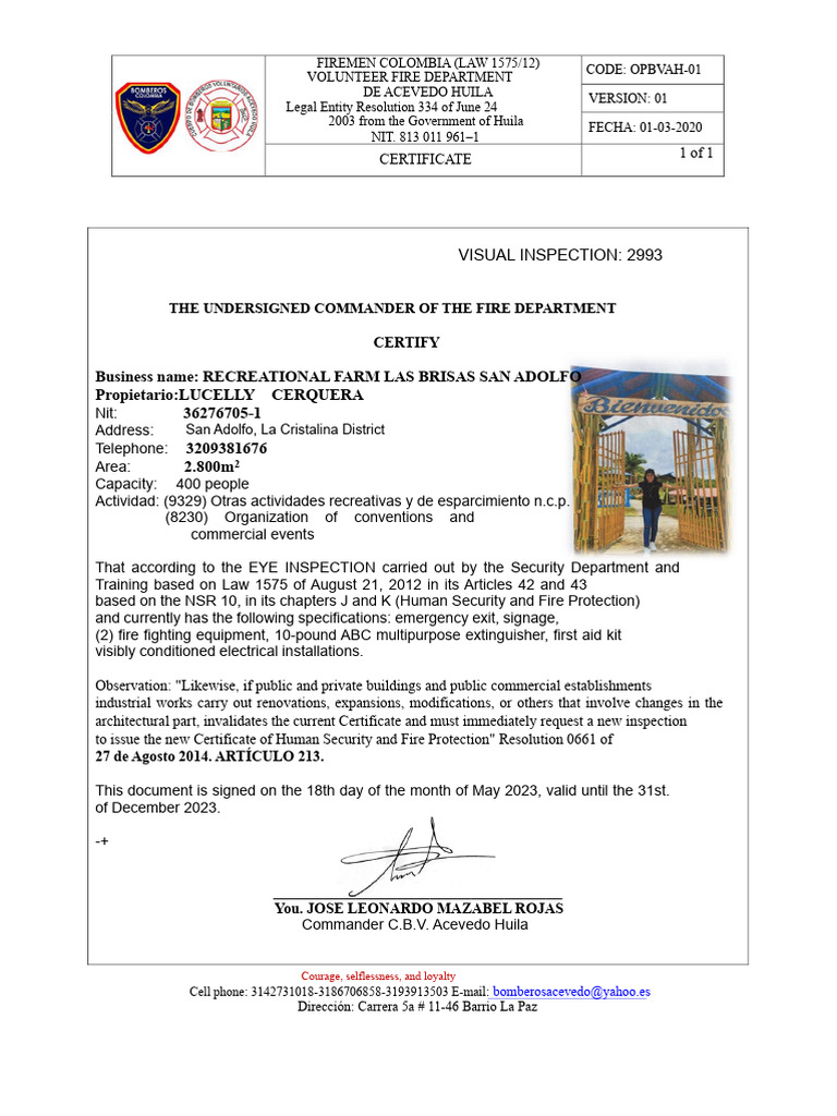 Fire Department Certificate | PDF | Hazards | Public Safety
