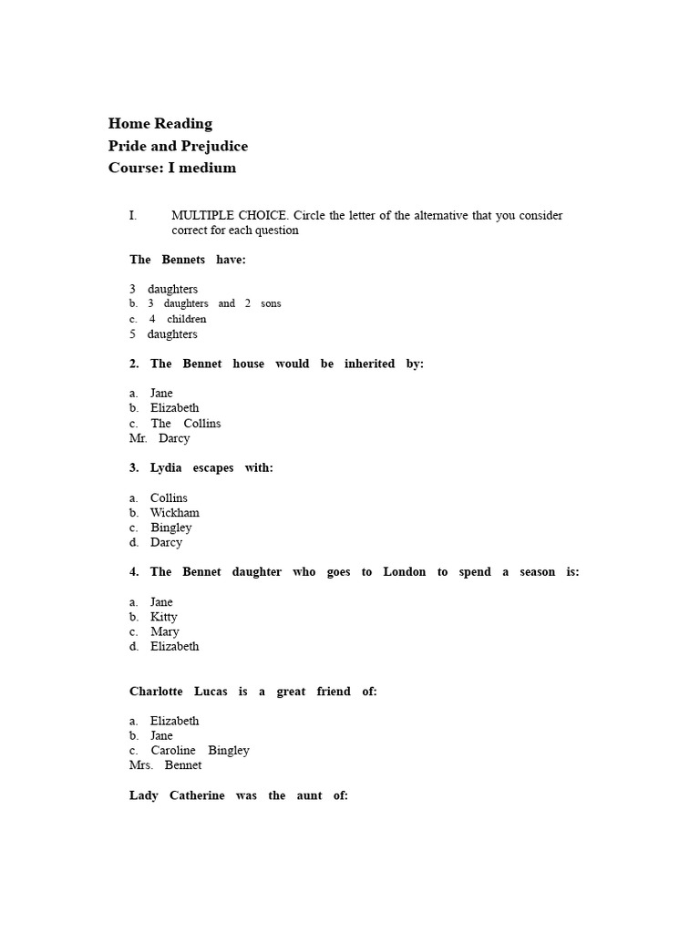 Reading Comprehension Assessment Pride and Prejudice | PDF | Pride And ...