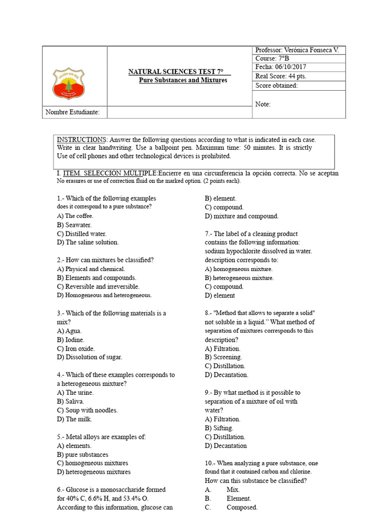 Natural Sciences Test 7 | PDF | Chemical Substances | Mixture