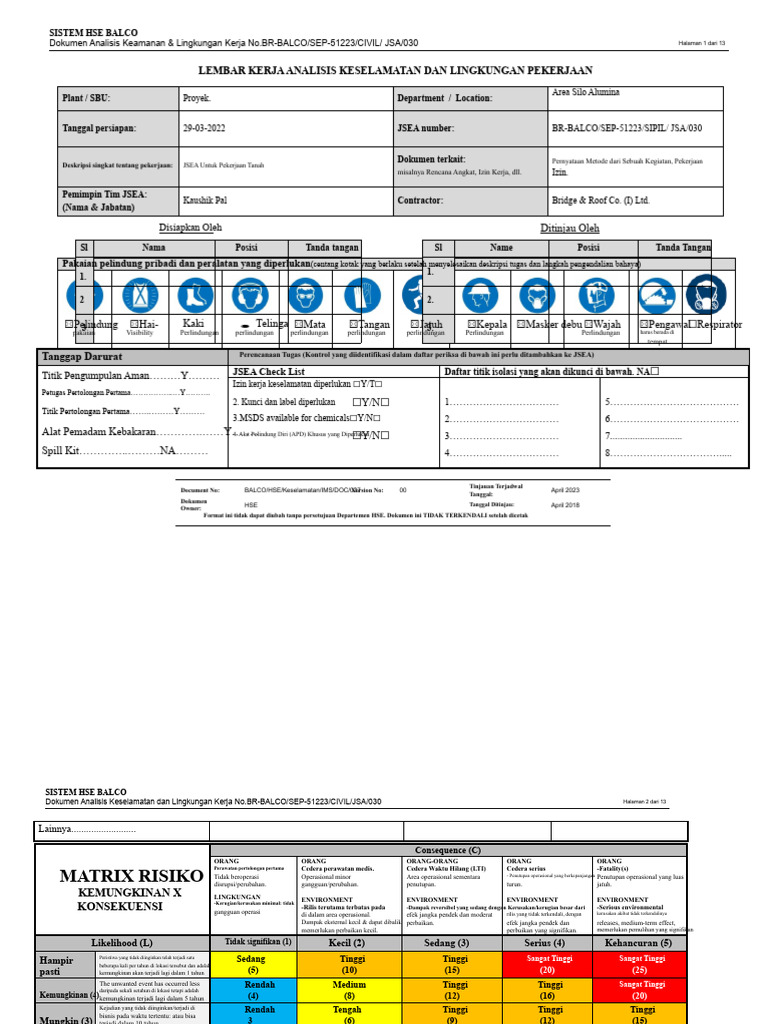 JSEA UNTUK PEKERJAAN TANAH (Area Silo Alumina) | PDF