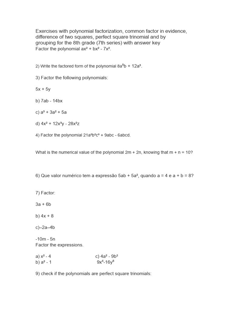 Exercises With Polynomial Factorization Common Factor in Evidence PDF | PDF