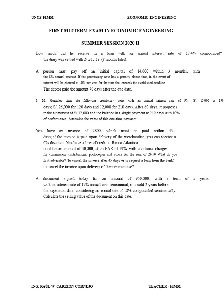 First Partial Exam of Economic Engineering C.V. 2020 Ii | PDF
