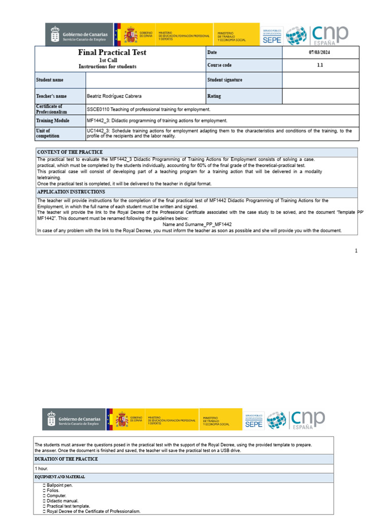 Practical Test MF1442 - Students | PDF | Vocational Education | Methodology