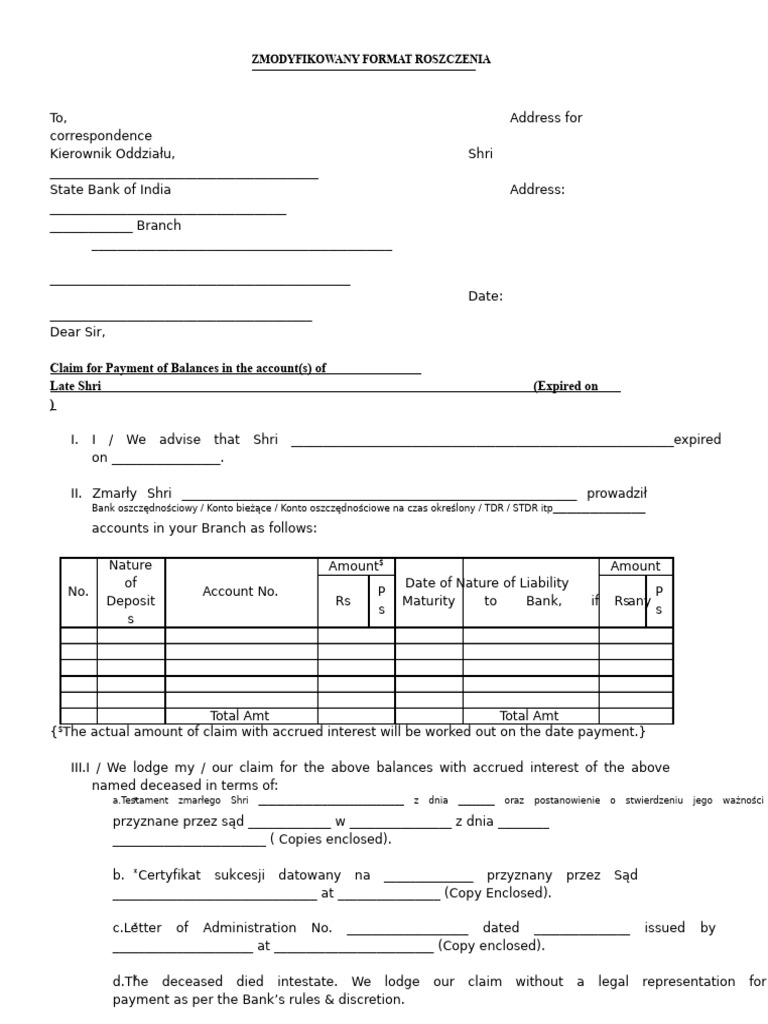 Claim Form for Deceased Account Balances | PDF | Banks | Common Law