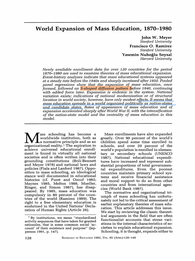 Meyer 1992 World Expansion of Mass Education, 1870-1980 | PDF