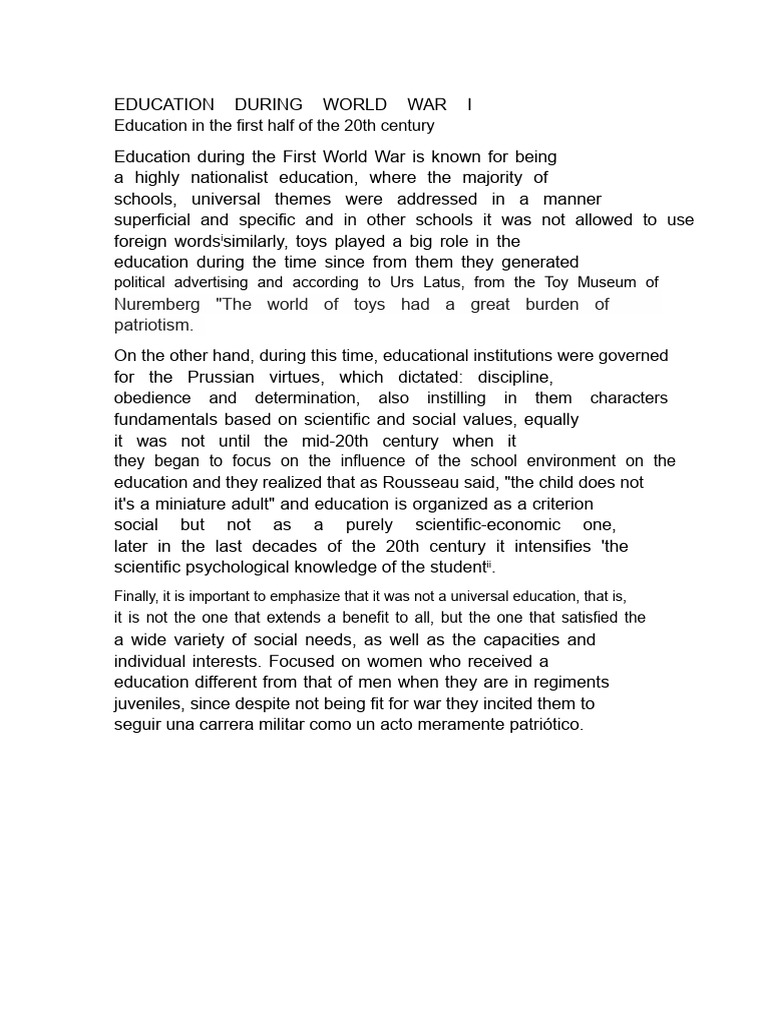 Education in World War I: Nationalism and Gender | PDF
