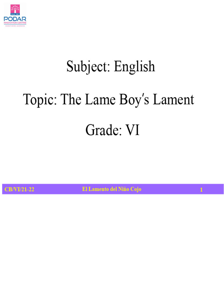 CBSE - VI - Eng - Lamento Del Niño Cojo | PDF