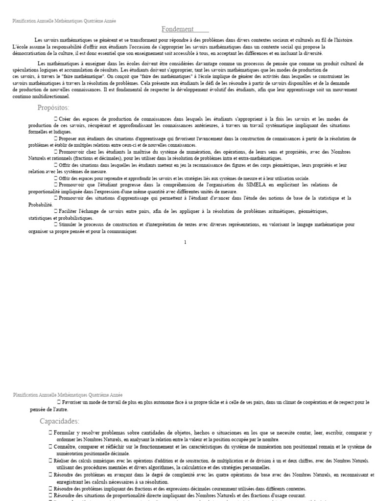 Planification Annuelle Mathématiques 4ème Année 2022 | PDF | Nombre ...