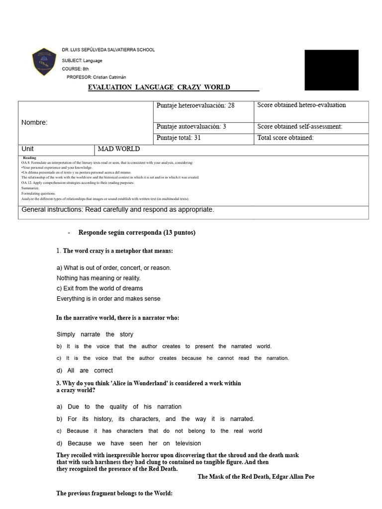 Language Evaluation: Crazy World Unit | PDF | Reading Comprehension