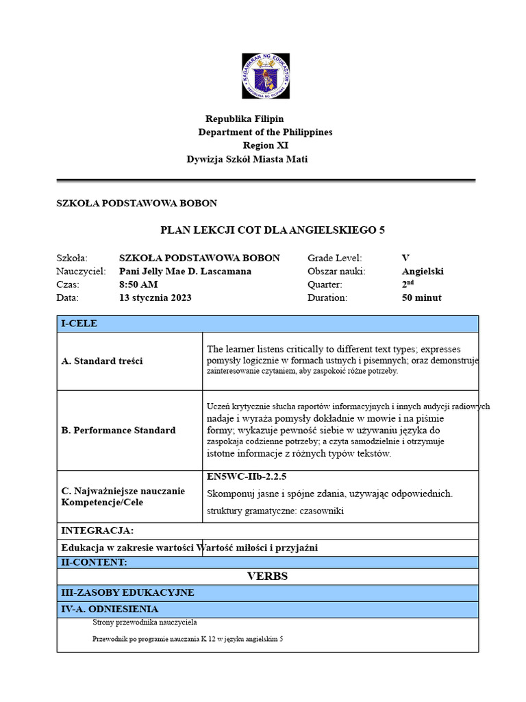 COT ANGIELSKI 5 (2. Kwartal) | PDF