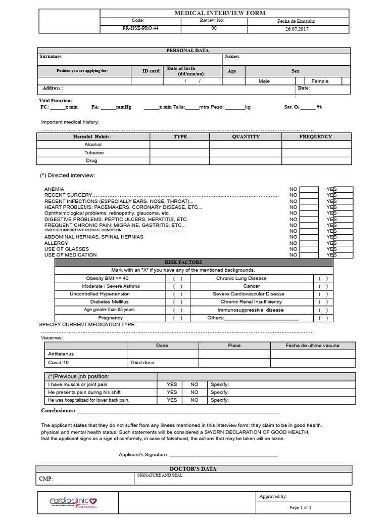 Medical Interview Form Template | PDF | Chronic Condition ...