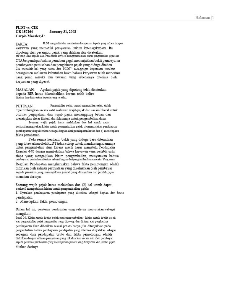 Pengembalian Pajak PLDT: Kasus GR 157264 | PDF